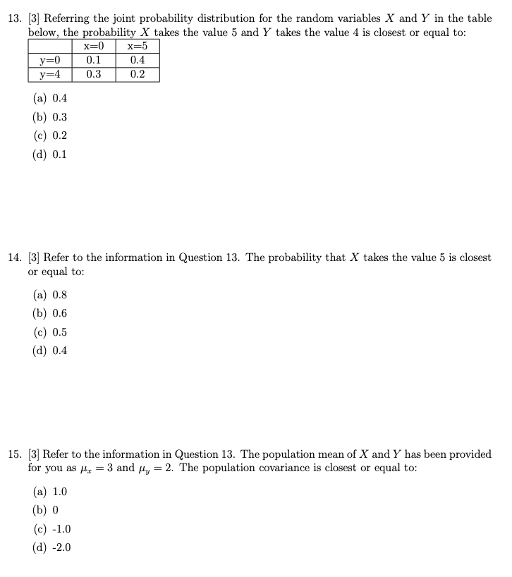 Solved 13. [3] Referring the joint probability distribution | Chegg.com