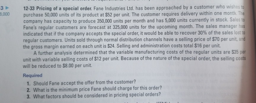 Solved 12-33 Pricing of a special order. Fane Industries | Chegg.com