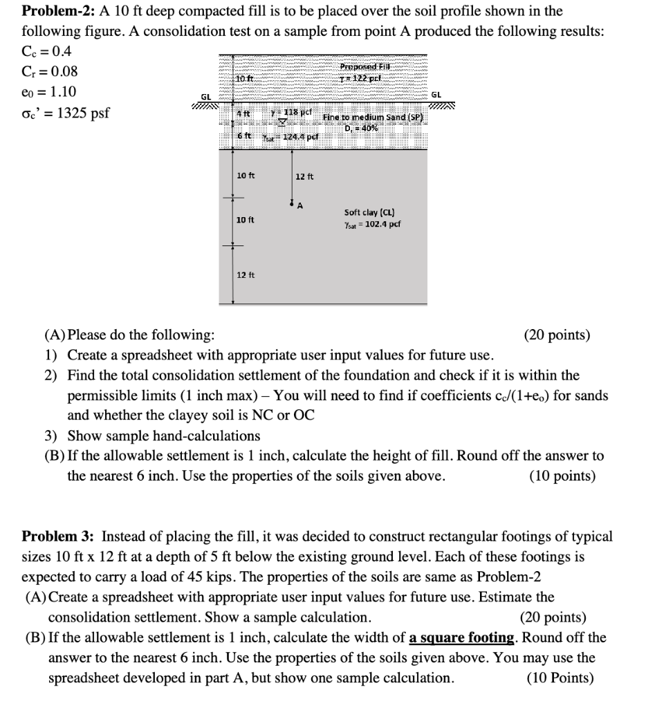 Problem-2: A 10ft deep compacted fill is to be placed | Chegg.com