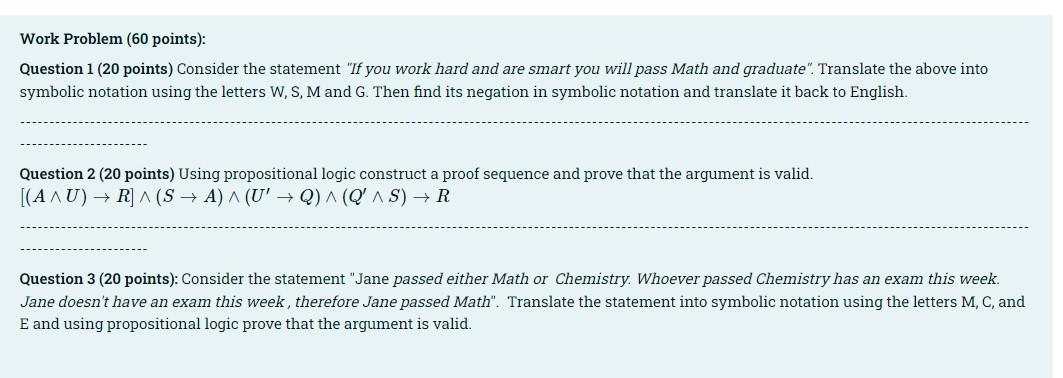 Solved Work Problem (60 points): Question 1 (20 points) | Chegg.com