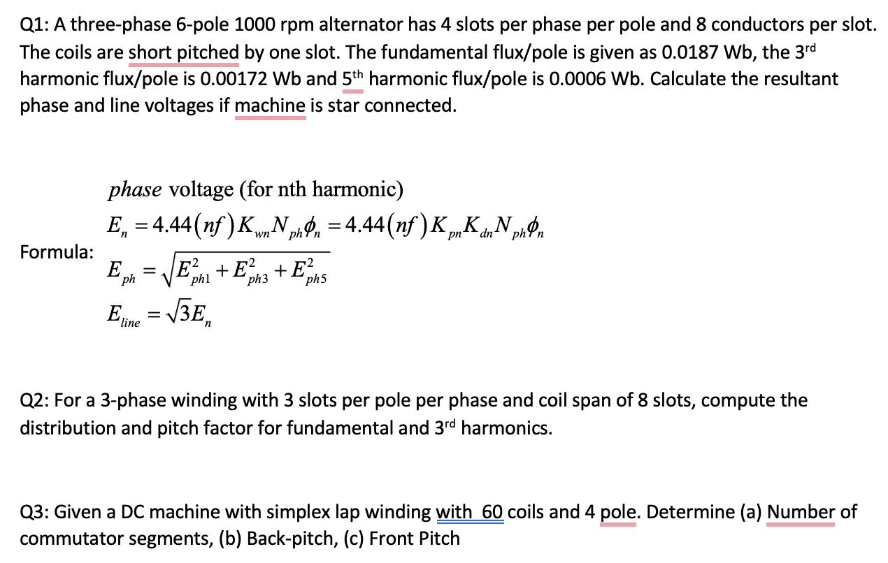Solved Q1: A three-phase 6-pole 1000rpm alternator has 4 | Chegg.com