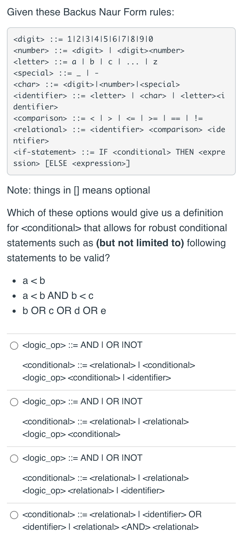Solved Given these Backus Naur Form rules: ::= | Chegg.com