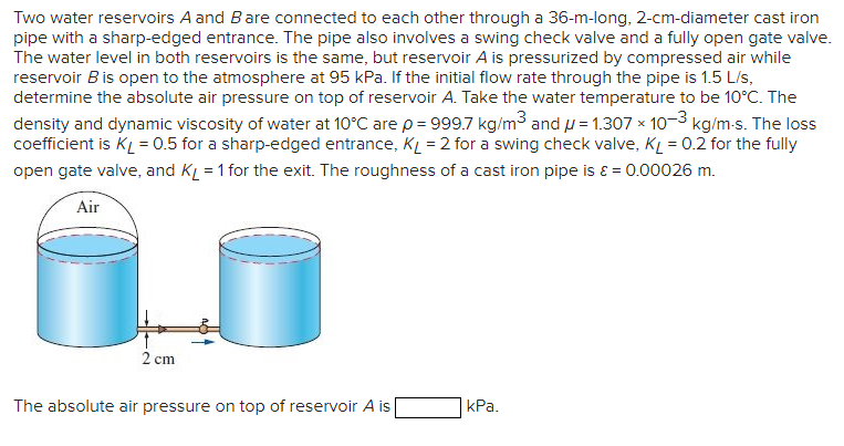 Solved Two water reservoirs A and B are connected to each | Chegg.com