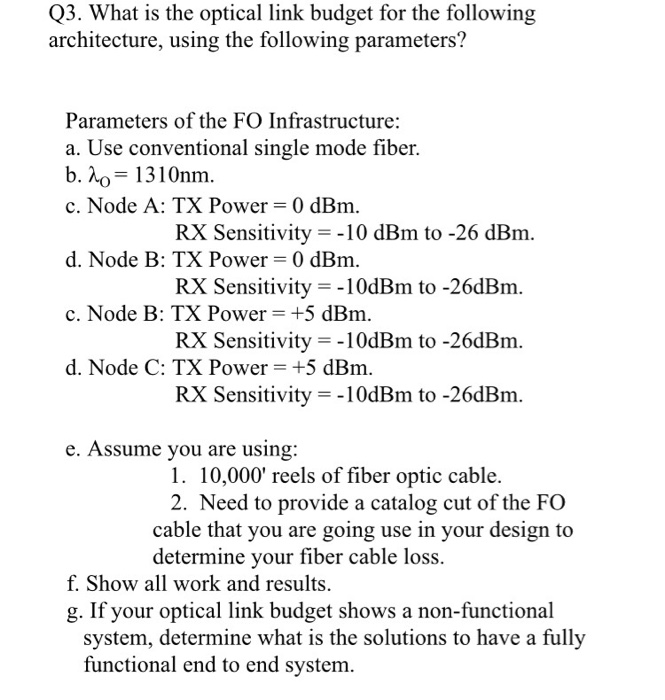 Q3. What is the optical link budget for the following | Chegg.com