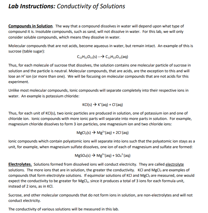 Lab Instructions: Conductivity of Solutions Compounds | Chegg.com