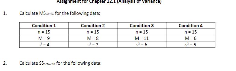 Solved 1. Calculate MSwithin for the following data: 2. | Chegg.com