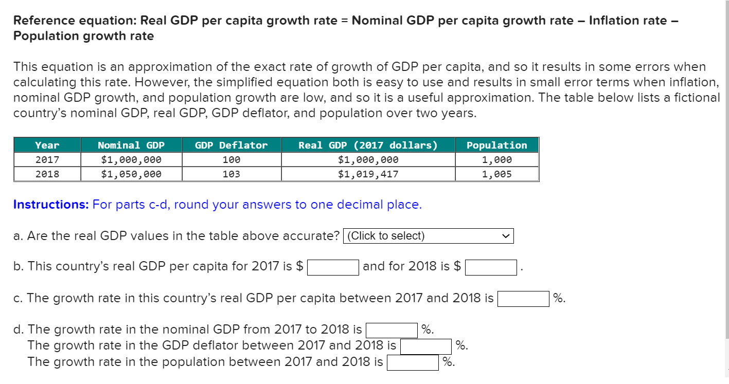 Solved Reference equation: Real GDP per capita growth rate = | Chegg.com