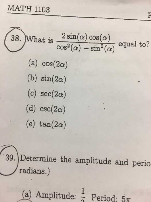 Solved MATH 1103 38. What is 2 sin(ae) cos(a) cos2(a)- | Chegg.com