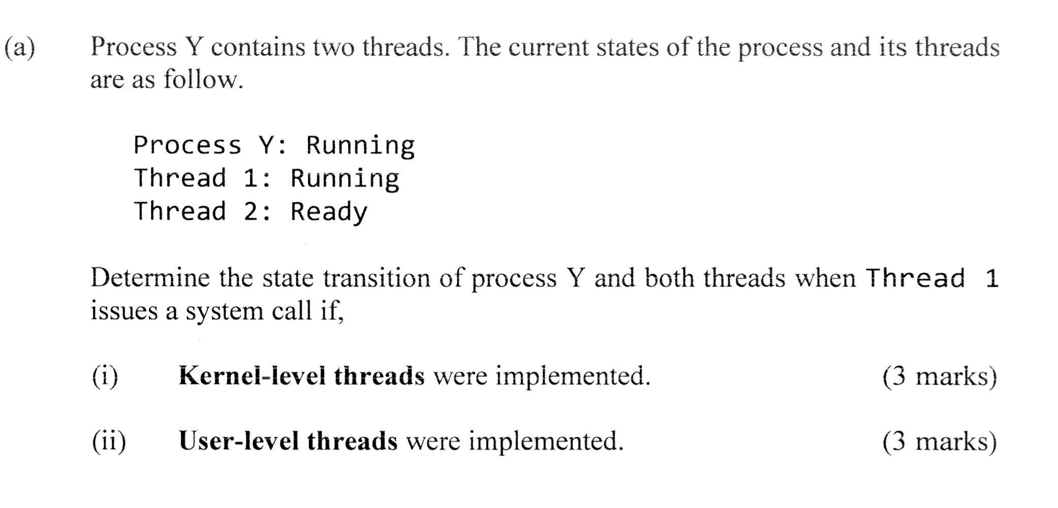 Solved (a) Process Y contains two threads. The current | Chegg.com