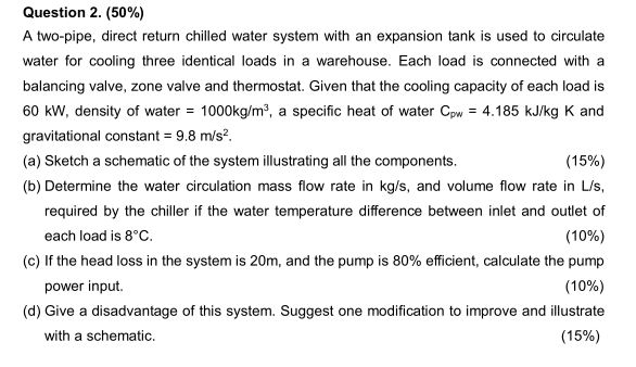 Solved Question 2. (50%) A two-pipe, direct return chilled | Chegg.com