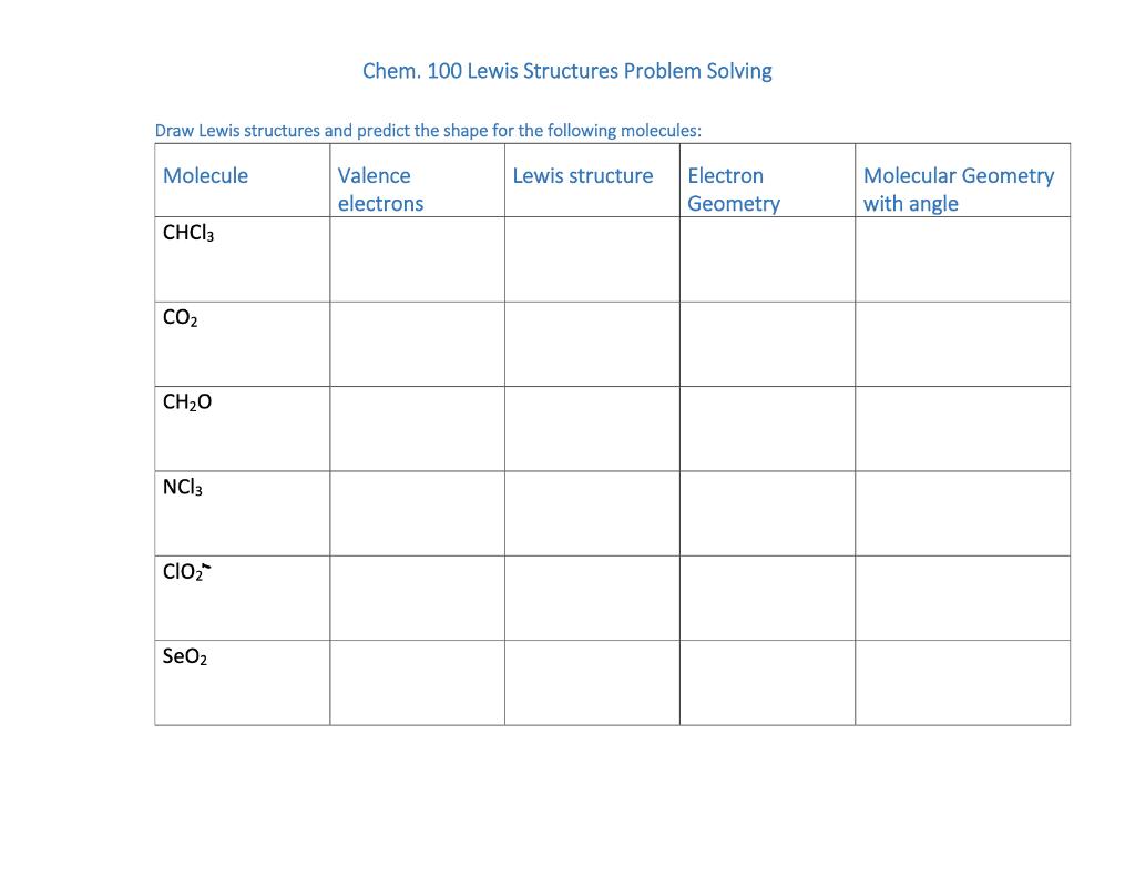 Solved Chem. 100 Lewis Structures Problem Solving Draw Lewis | Chegg.com