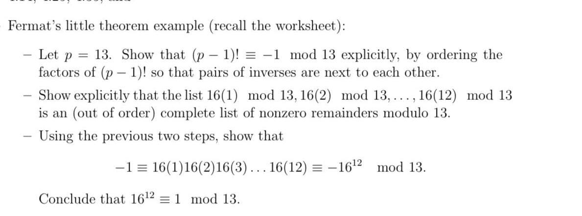 Solved Fermat's little theorem example (recall the | Chegg.com