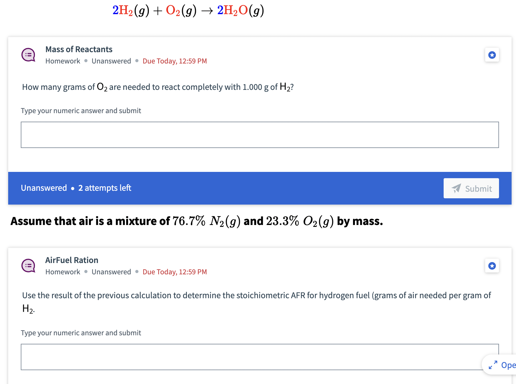 Solved 2H2(g)+O2(g)→2H2O(g) Mass of Reactants Homework • | Chegg.com