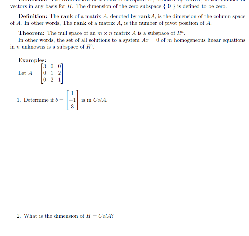 Solved vectors in any basis for H. The dimension of the zero | Chegg.com