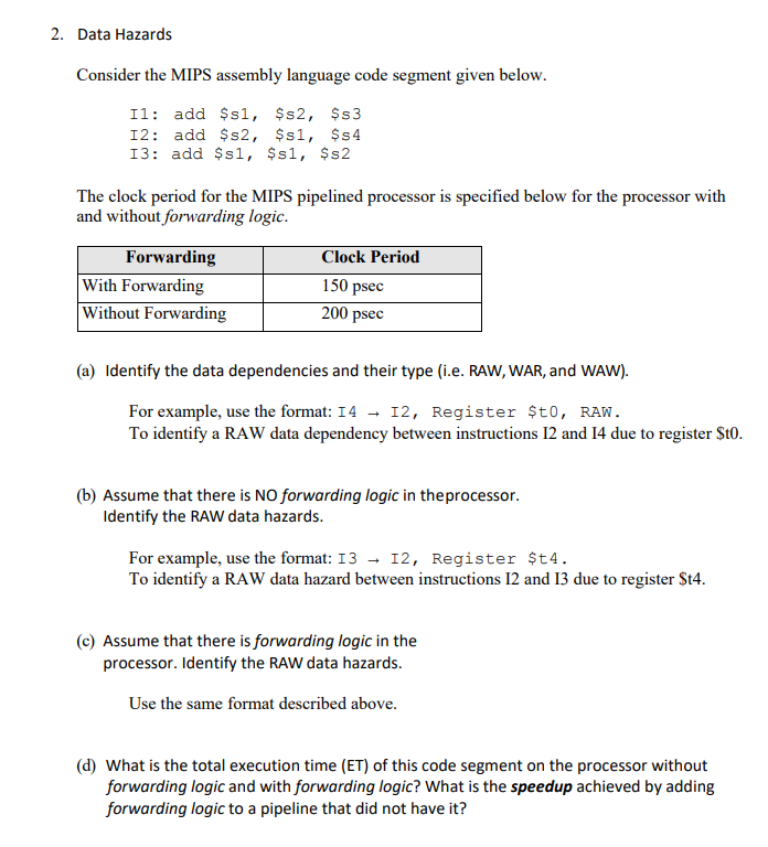 2. Data Hazards Consider the MIPS assembly language | Chegg.com