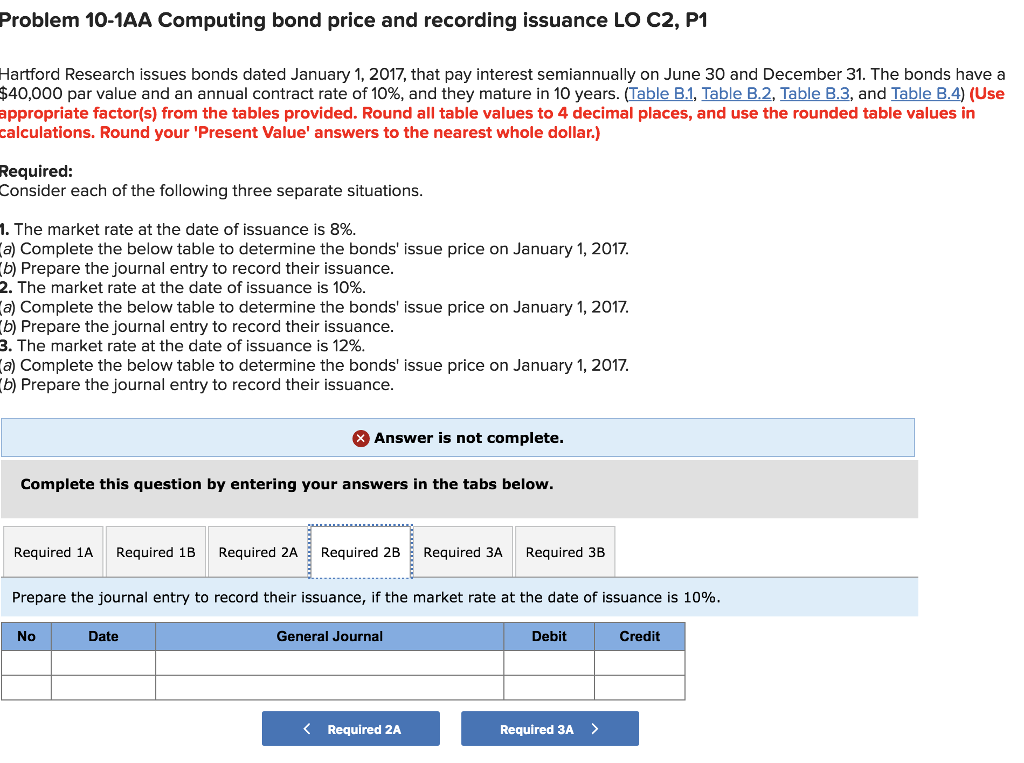 Solved Problem 10-1AA Computing bond price and recording | Chegg.com