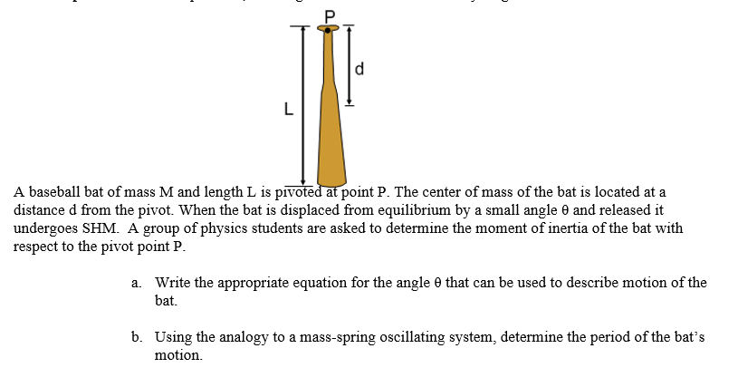 Solved P d L A baseball bat of mass M and length L is | Chegg.com