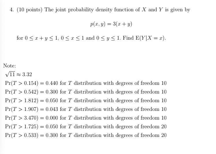 Solved 4. (10 points) The joint probability density function | Chegg.com