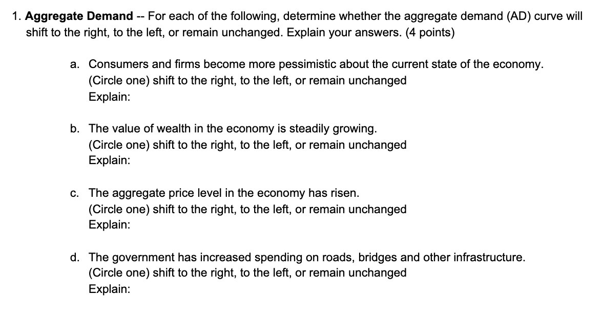 Solved Aggregate Demand -- ﻿For each of the following, | Chegg.com