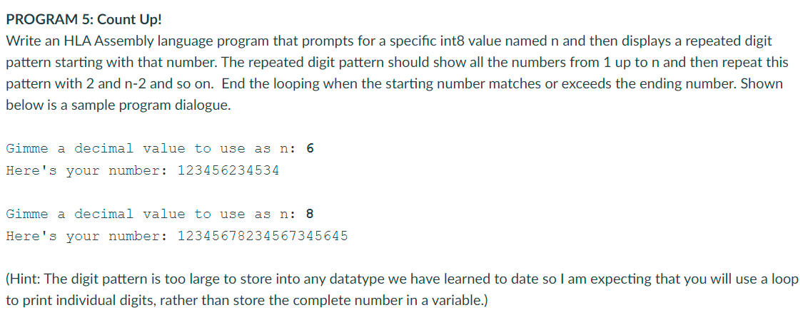 PROGRAM 5: Count Up! Write an HLA Assembly language | Chegg.com