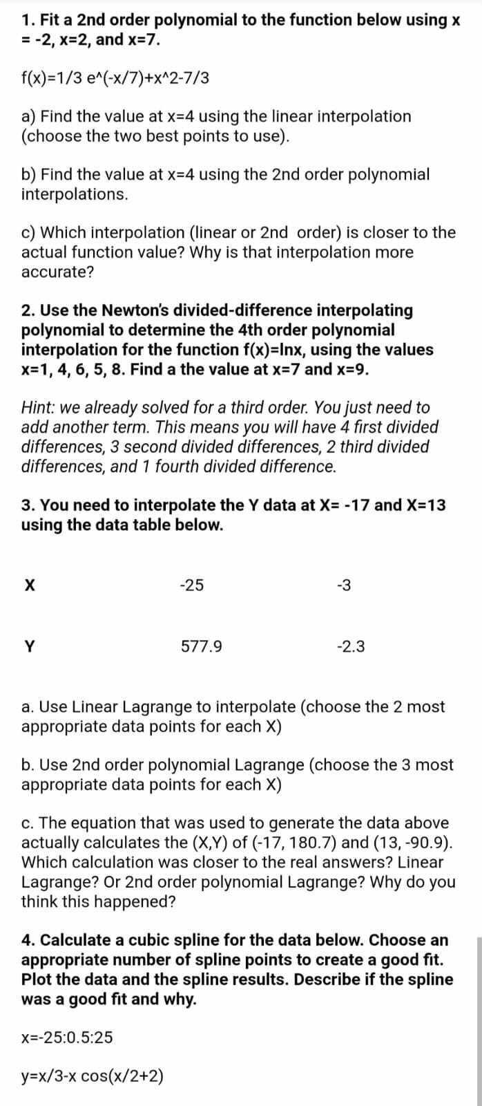 Solved 1. Fit a 2nd order polynomial to the function below | Chegg.com