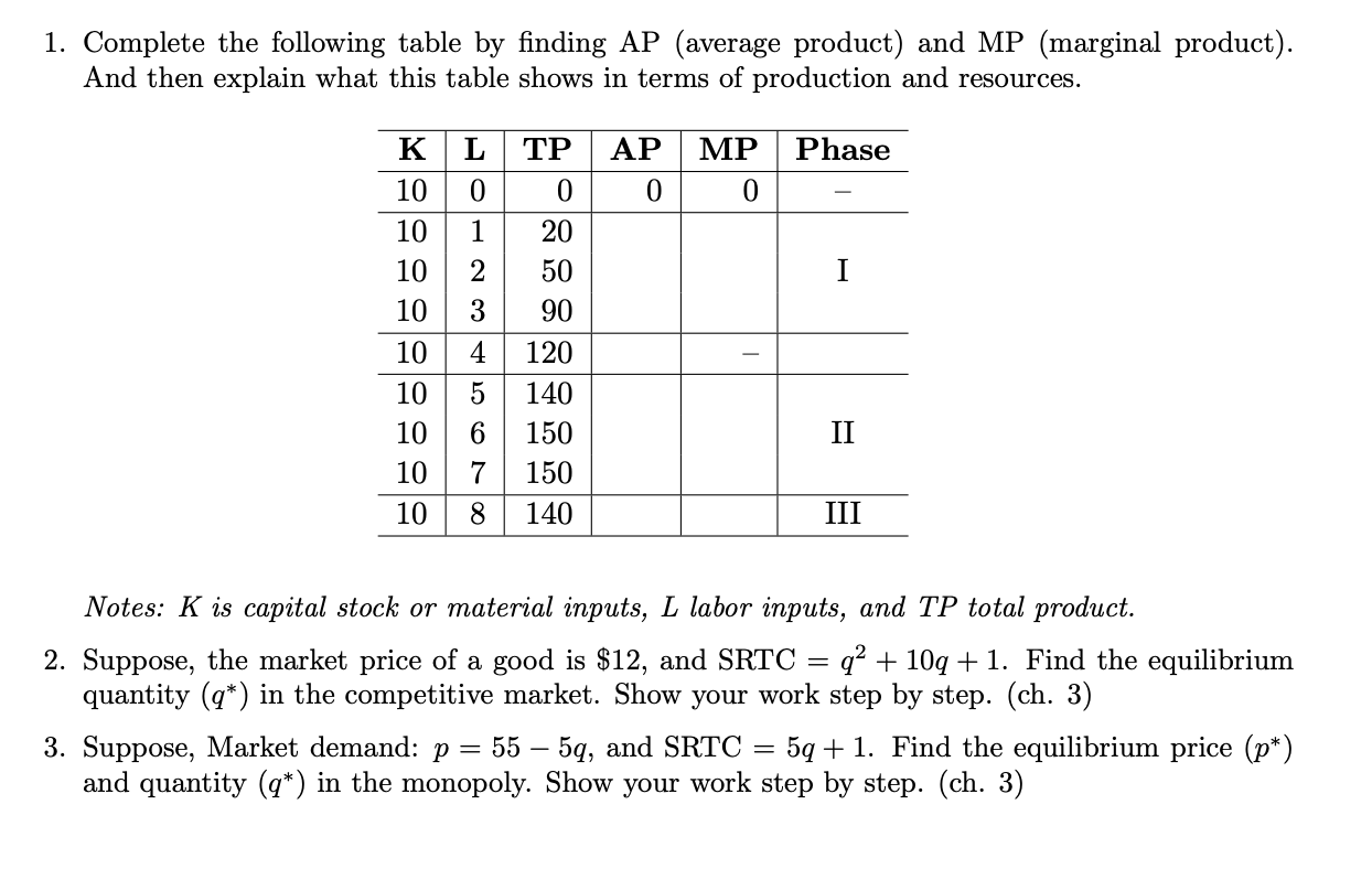 Solved 1. Complete the following table by finding AP | Chegg.com