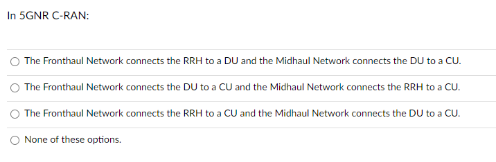 Solved In 5GNR C-RAN: The Fronthaul Network connects the RRH | Chegg.com