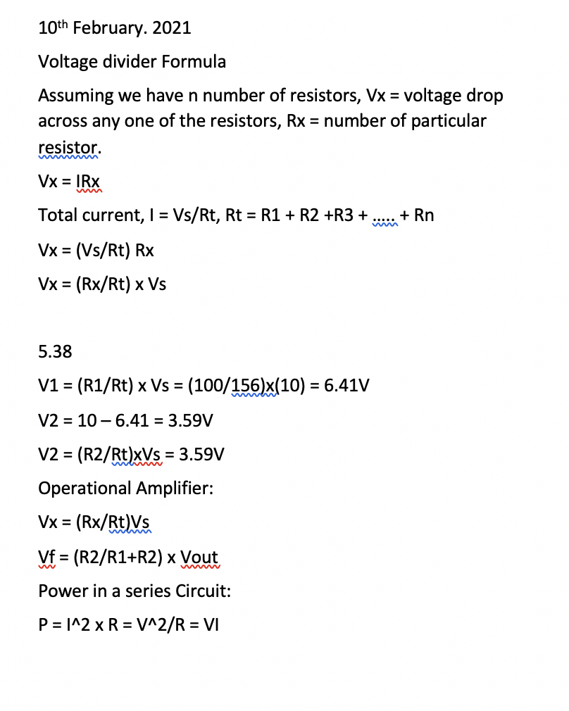 Solved 10th February. 2021 Voltage divider Formula Assuming | Chegg.com