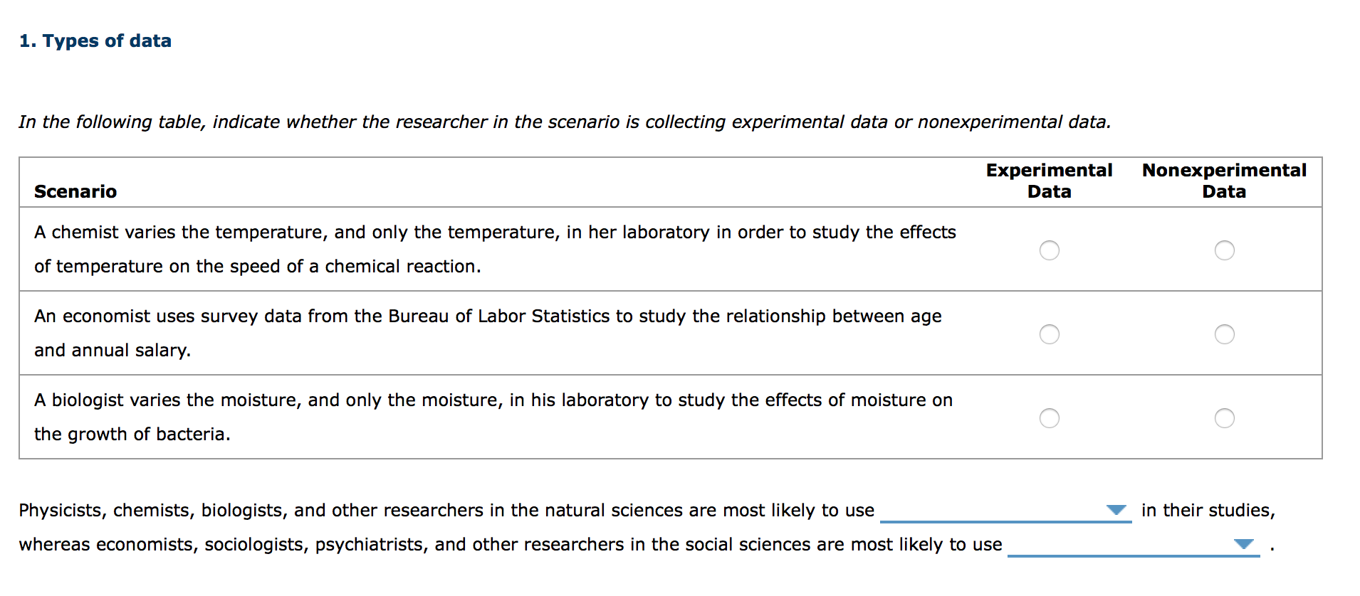 Solved 1. Types of data In the following table, indicate | Chegg.com