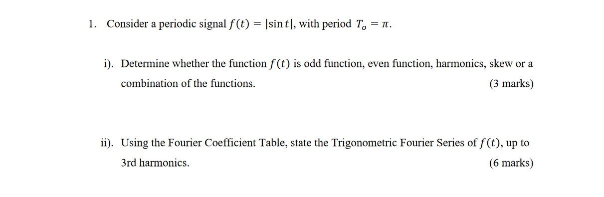 Solved 1. Consider a periodic signal f(t) |sint, with period | Chegg.com