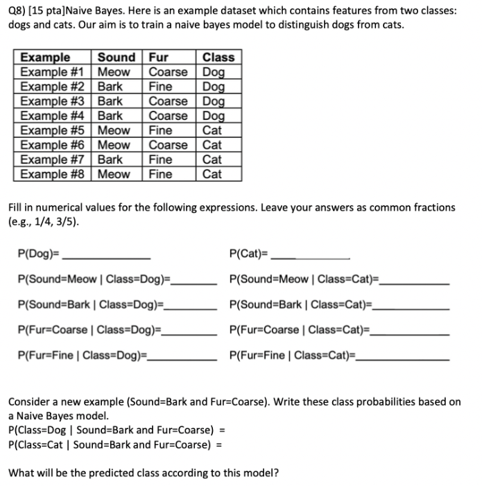 Solved Q8) [15 pta]Naive Bayes. Here is an example dataset | Chegg.com