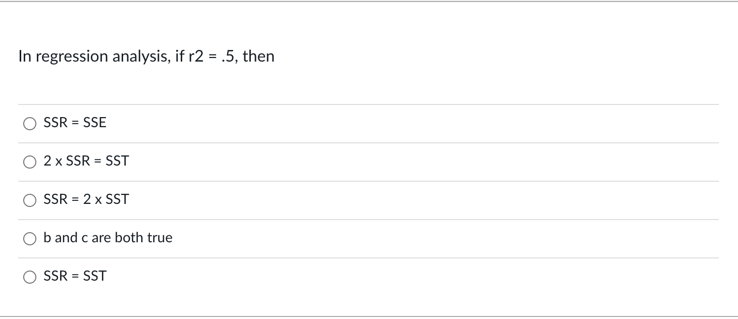 Solved In regression analysis, if r2 = .5, then = SSR SSE 2 | Chegg.com