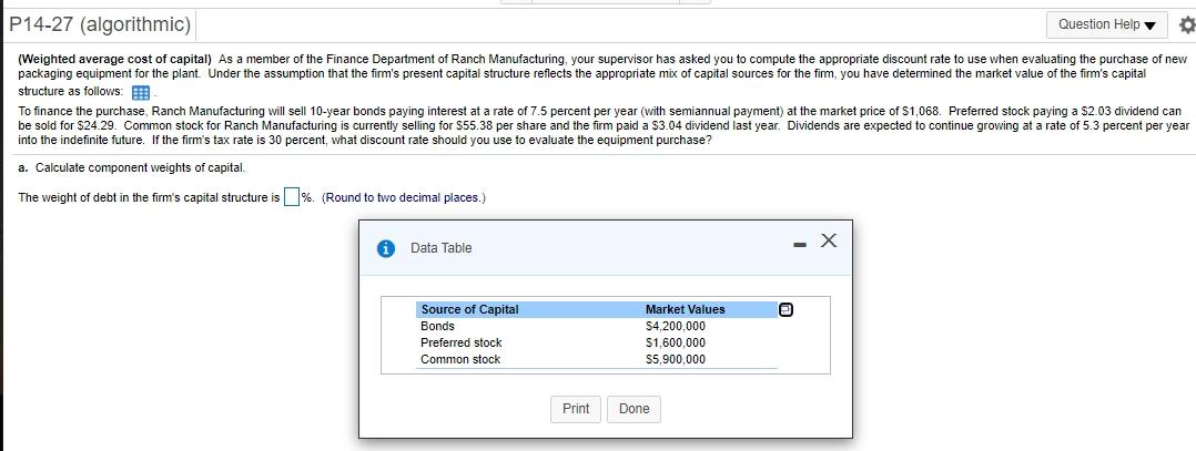 Solved a.Calculate component weights of capital. The weight | Chegg.com