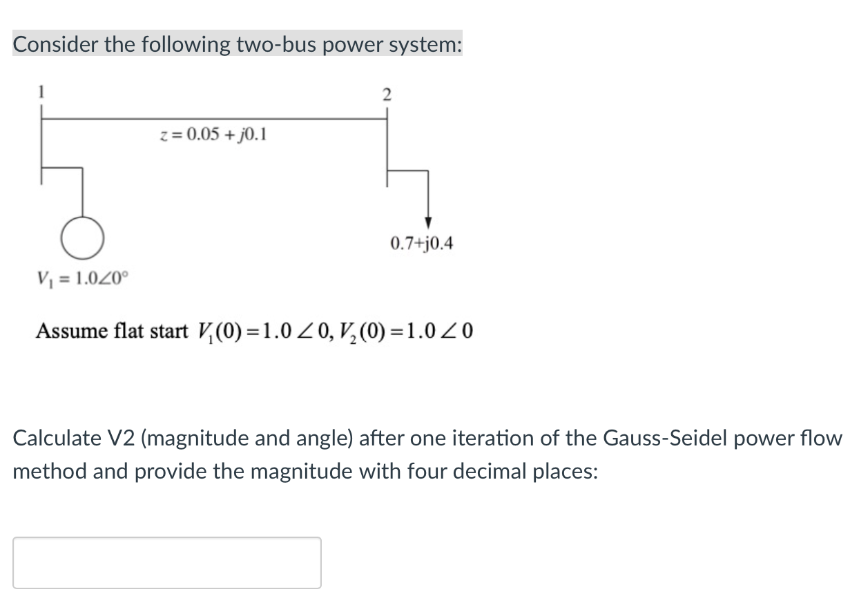 Solved Consider the following two-bus power system: 2 z = | Chegg.com