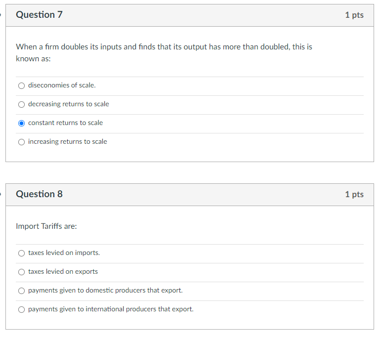 Solved Question 7 When a firm doubles its inputs and finds | Chegg.com