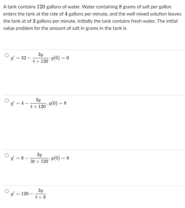 Solved A tank contains 120 gallons of water. Water | Chegg.com