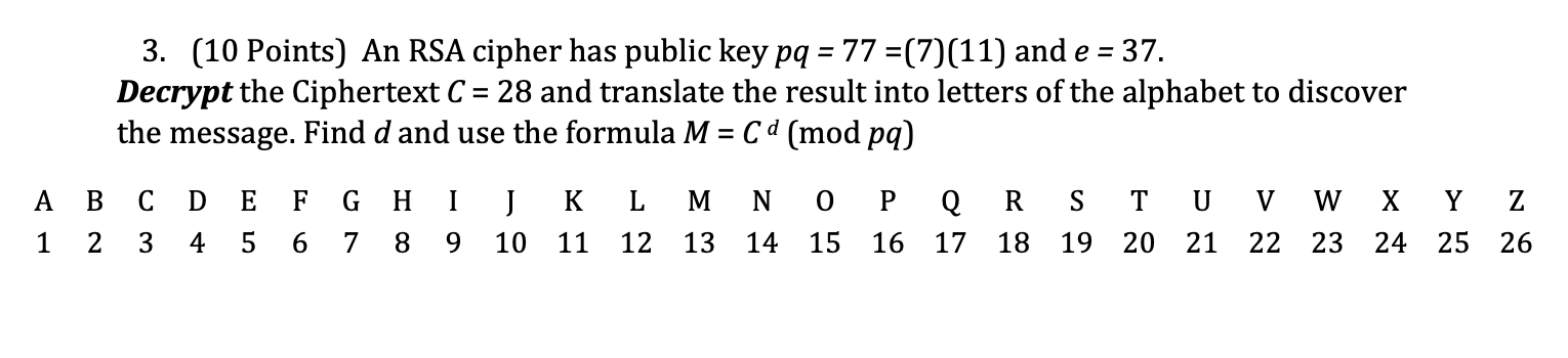 Solved 3. (10 Points) An RSA cipher has public key pq = 77 | Chegg.com