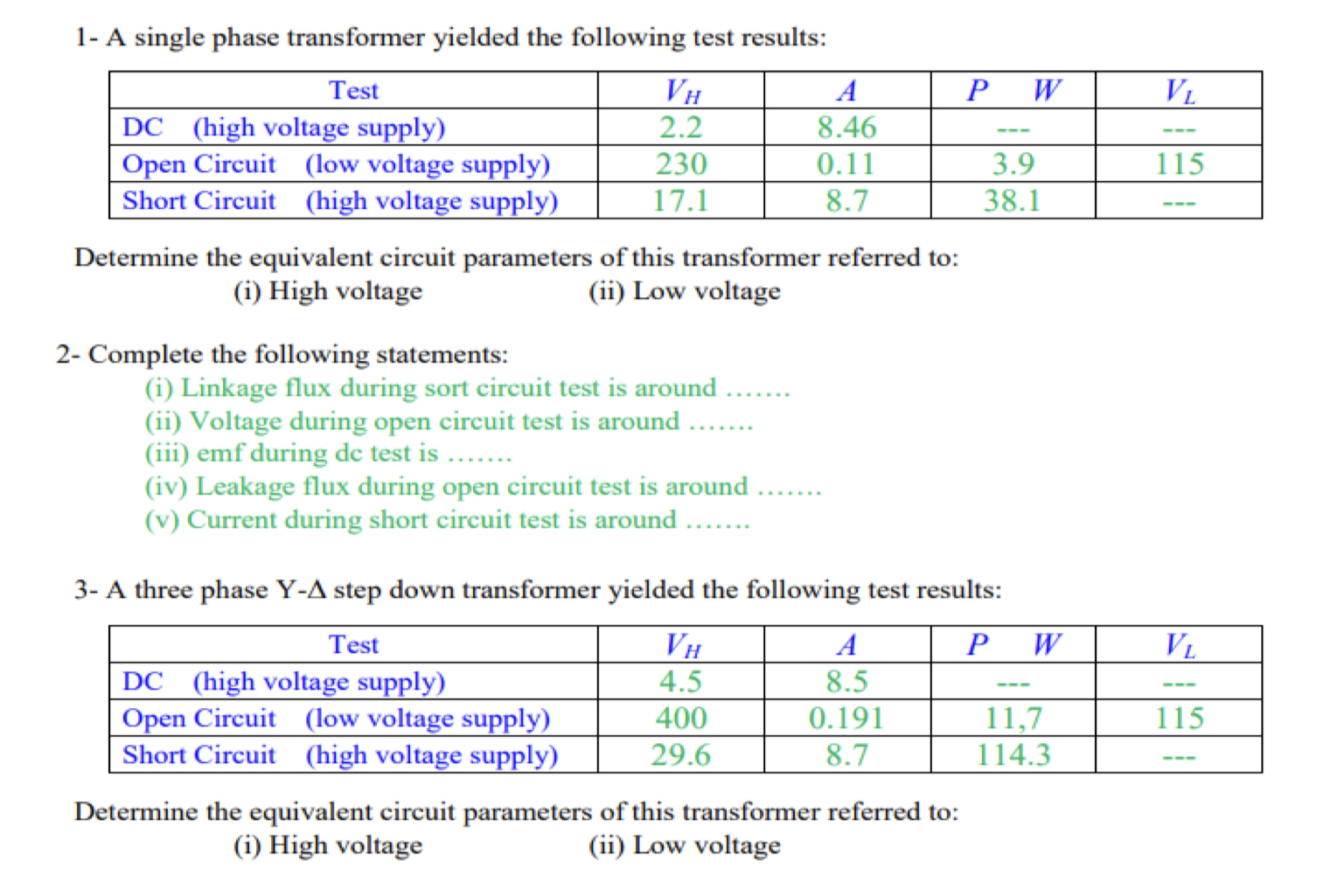 1- A single phase transformer yielded the following | Chegg.com