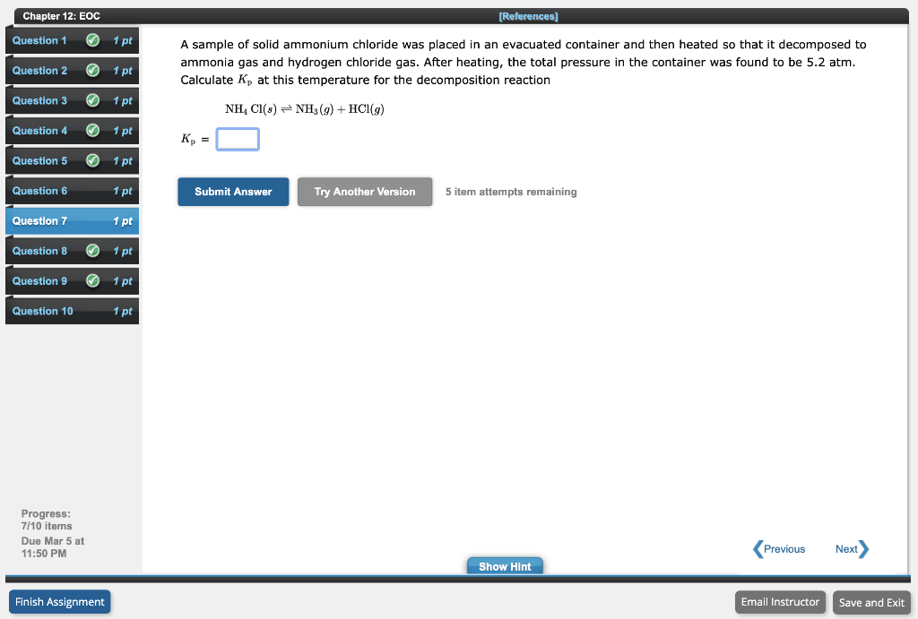 Solved A sample of solid ammonium chloride was placed in an | Chegg.com