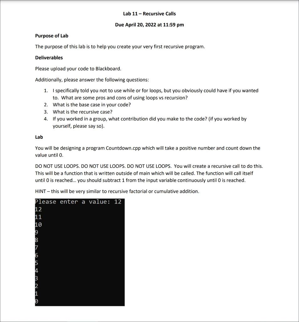 Solved Please write in C++ and list what is the base case in | Chegg.com