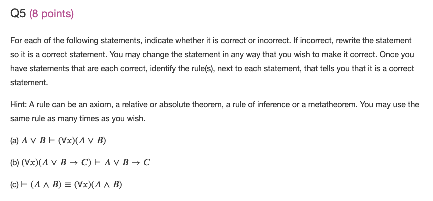 Solved Q5 (8 points) For each of the following statements, | Chegg.com