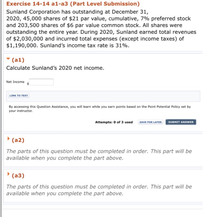 Solved Exercise 14-14 a1-a3 (Part Level Submission) Sunland | Chegg.com