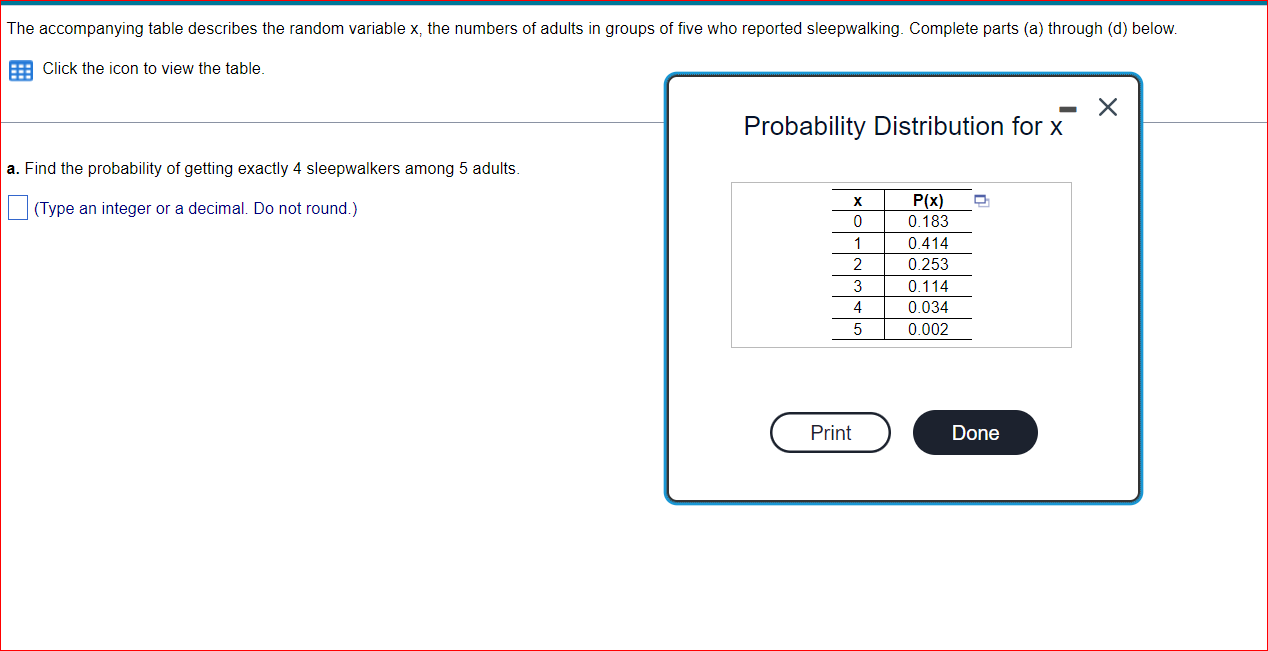 Solved The accompanying table describes the random variable | Chegg.com