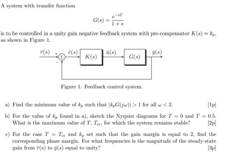 Solved A system with transfer function e-87 G(S) = 1 + $ is | Chegg.com