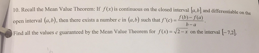 Solved 10. Recall the Mean Value Theorem: If (x) is | Chegg.com