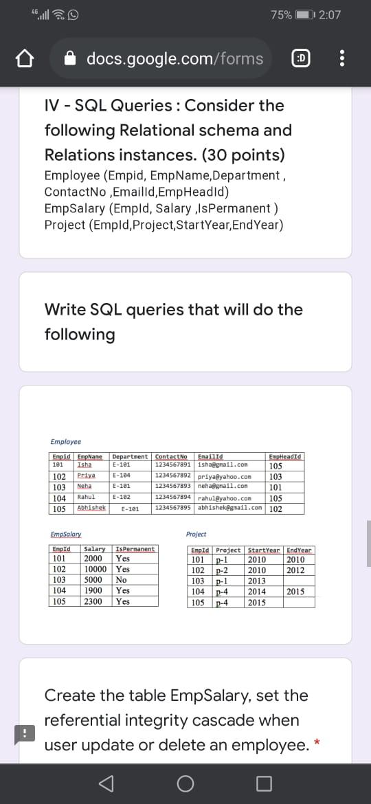 Solved 75% D1 2:07 docs.google.com/forms :D IV - SQL | Chegg.com