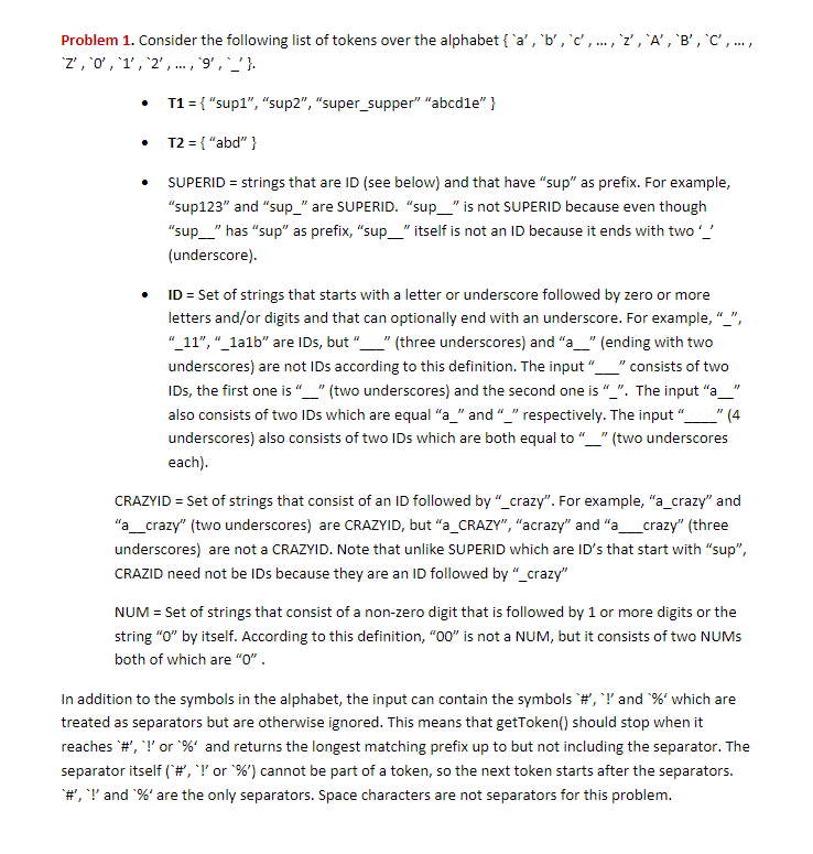 Solved Problem 1. Consider the following list of tokens over | Chegg.com