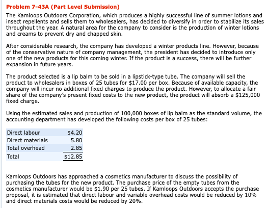 Solved Problem 7-43A (Part Level Submission) The Kamloops | Chegg.com