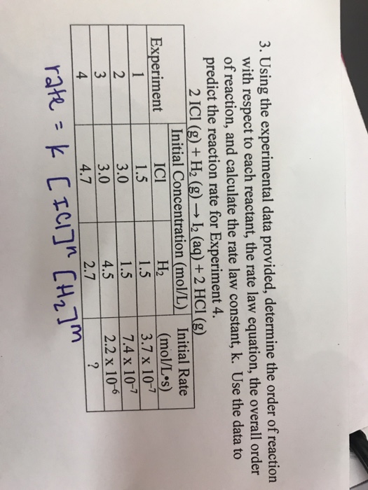 Solved 3. Using the experimental data provided, determine | Chegg.com Solved 3. Using the experimental data provided, determine | Chegg.com
