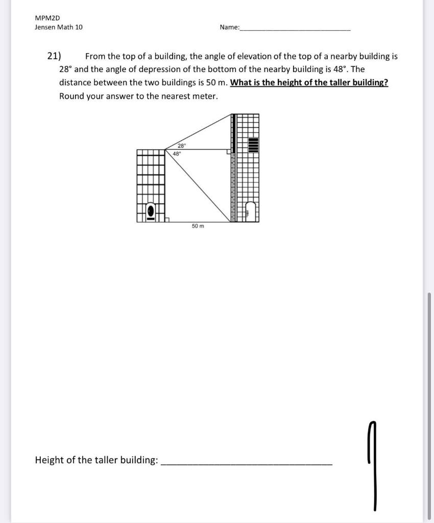 Solved MPM2D Jensen Math 10 Name: 21) From the top of a | Chegg.com